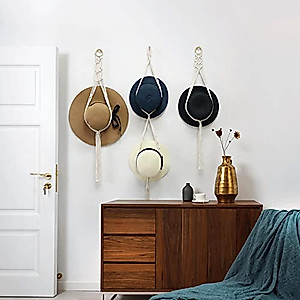 ZQXUNMQ Hat Organizer 3 Pieces Boho Hats Rack Handmade Cotton Rope Woven Hat Hangers Bohemian Hat Holder for Man and Women Caps Storage Wall Display Living Room Bedroom Decor