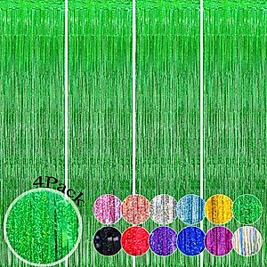 Slmeno 4 Pack Green Foil Fringe Curtain Glitter Backdrop, 12.8x8.2 Feet, Tinsel Curtain Backdrop for Party Decorations, Green Streamer Backdrop Curtain, Christma Hawaiian Birthday Football Backdrop