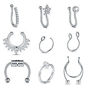 ChiMunllin 9PCS Faux Nose Septum Fake Nose Rings Fake Nose Piercing Studs Rings Stainless Steel Faux Nose Hoop Rings Non Piercing Jewelry for Women Men