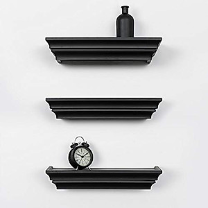 Kiera Grace Madison Classic Crown Molding Floating Wall Shelves, Robust Engineered Wood, Easy Assembly, Ideal for Home Decor, 16", Black, Set of 3
