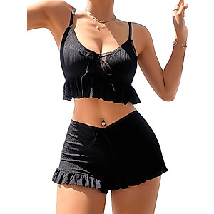SweatyRocks Women's 2 Piece Lingerie Set Ruffle Trim Tie Front Cami Top and Shorts Sleepwear Black L