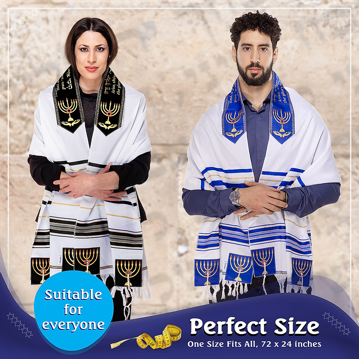 HolYudaica Tallit Prayer Shawl with Matching Bag, Certified Kosher, Kumi Ori 24"x72", Uniq Design on The Attara & Corners, Made in Israel, Soft Acrylic Tallit Prayer Shawl For Men & Women (Blue)