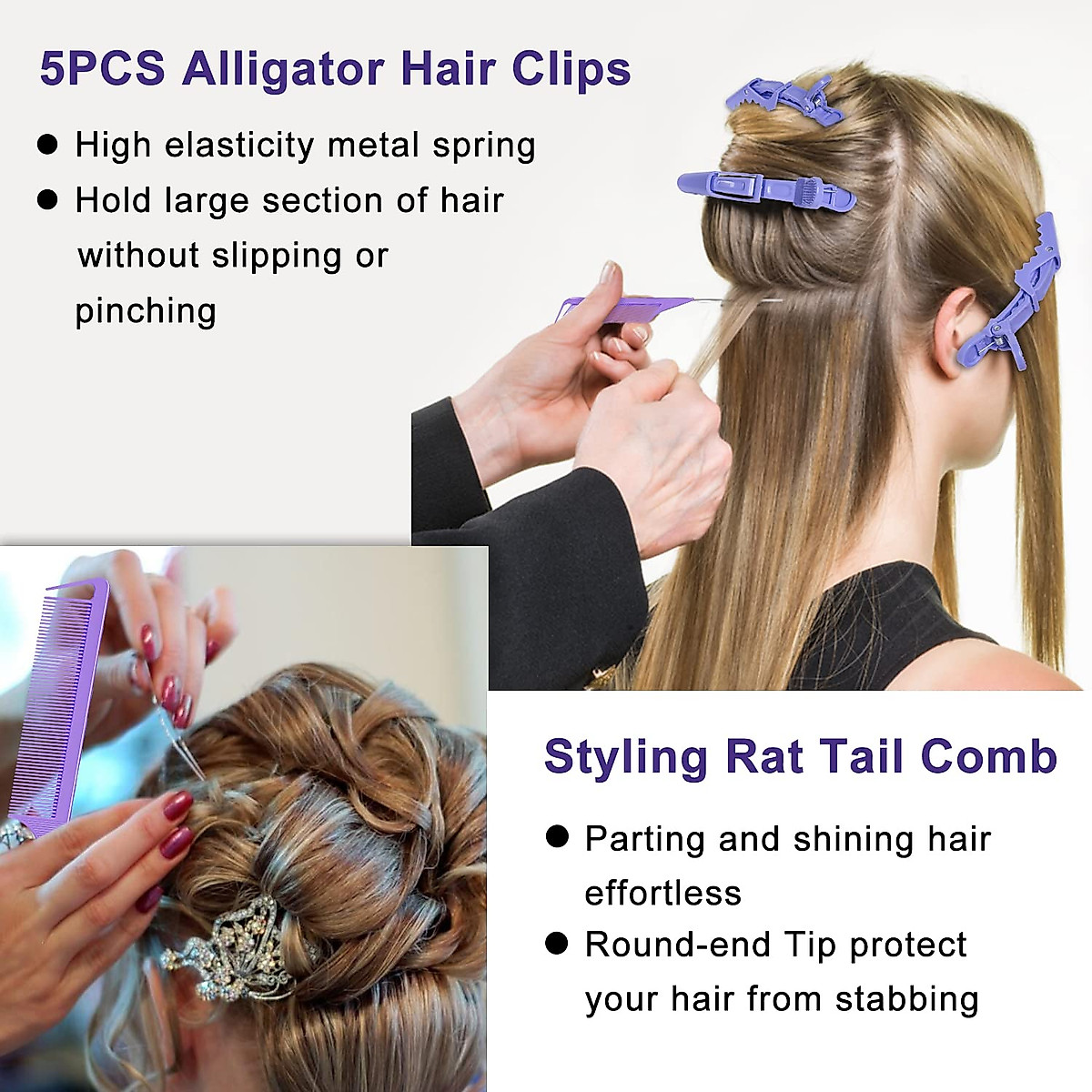 EZ Detangler Brush Set, MORGLES Detangling Hair Brush for Black Natural Hair Wide Tooth Comb with Rat Tail Comb 5PCS Alligator Clips for Men Women Kids(Purple)