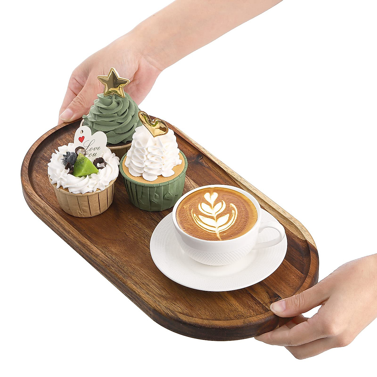 Elsjoy Set of 2 Acacia Wooden Serving Trays, Natural Wood Serving Platters Set with Lip, Oval Charcuterie Plates Board Rustic Long Bread Fruit Dishes for Kitchen Decor, 14"x7" and 11"x5.5"