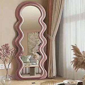 Shop Frugal Irregular Wavy Mirror Full Length Mirror 69" x 29", Wave Arched Floor Mirror, Wall Mirror Standing Hanging or Leaning Against Wall for Bedroom, Flannel Wrapped Frame (Flannelette Pink)