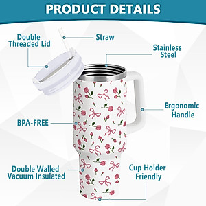 Tumbler with Handle and Straw Lid,Pink Bows Roses 40 oz Insulated Coffee Cup Stainless Steel Water Bottle Travel Mug Cupholder Friendly,Gifts for Women Men