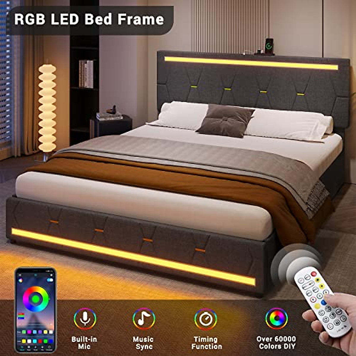 ADORNEVE Queen Bed Frame with 2 USB Charging Station, LED Lights Headboard Footboard, Upholstered Platform Bed with Storage Drawers, No Box Spring Needed, Dark Grey