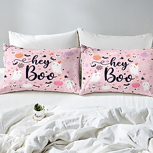 Manfei Pink Ghosts Sheet Set Full Size, Halloween Theme Bedding Set for Kids Girls Teens, Gothic Skull Spider Bat Pumpkin Bed Sheet Set 4pcs with Deep Pocket Fitted Sheet + Flat Sheet + 2 Pillowcases