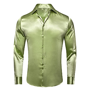 Hi-Tie Long Sleeve Sage Green Dress Shirt for Men Regular Fit Satin Silk Like Prom Wedding Button Down Shirts for Party Beach