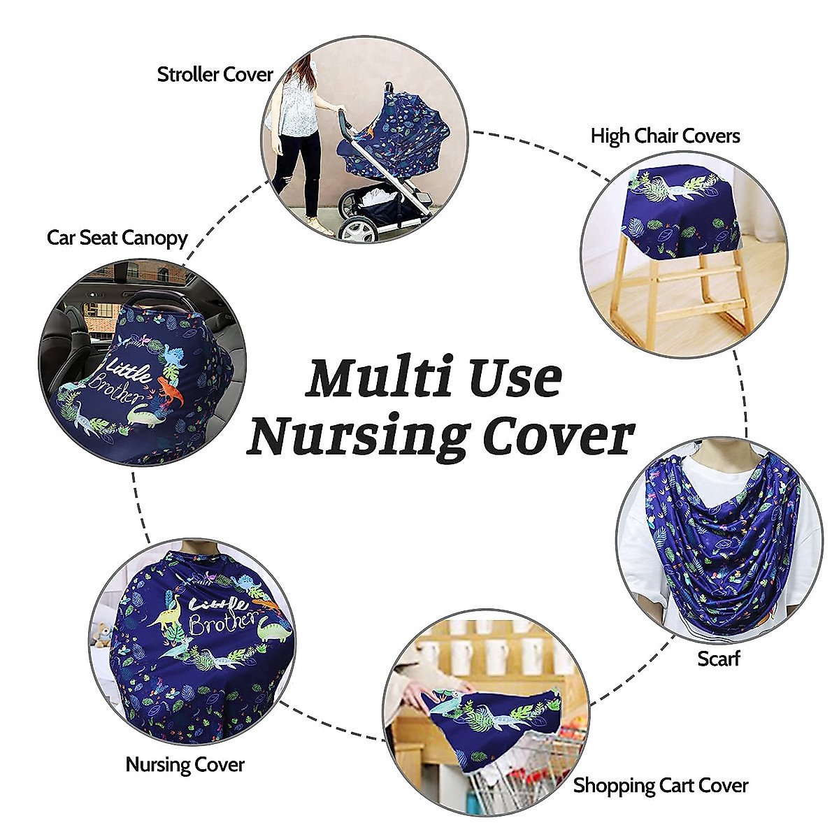 Baby Car Seat Cover for Boys, Little Brother Car Seat Canopy, Multiuse Nursing Covers, Dinosaur Theme Infant Carrier Cover Summer, Breastfeeding Scarf Newborn, Ultra-Soft Breathable