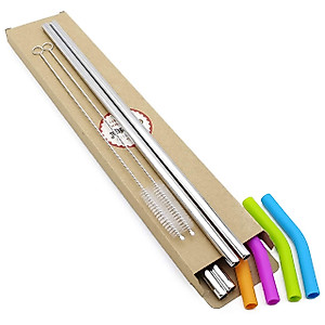 Big Drinking Straws Reusable 14.5" Extra Long 8mm Extra Wide Food-Grade 18/8 Stainless Steel Silicone Elbows Tips for Smoothie Milkshake Cocktail Juice Hot Drinks - Set of 4 + 2 Cleaning Brushes