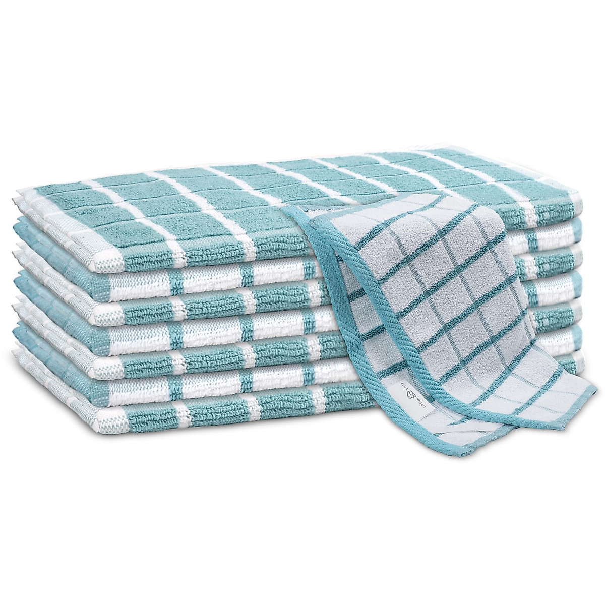 Urban Villa Dish Cloths Terry Cotton Pack of 6, Highly Absorbent Quick Drying Super Soft Premium Dish Towels for Kitchen with Hanging Loop Hand & Tea Towels - 12x12 Inch, (Aqua & White, Checks)