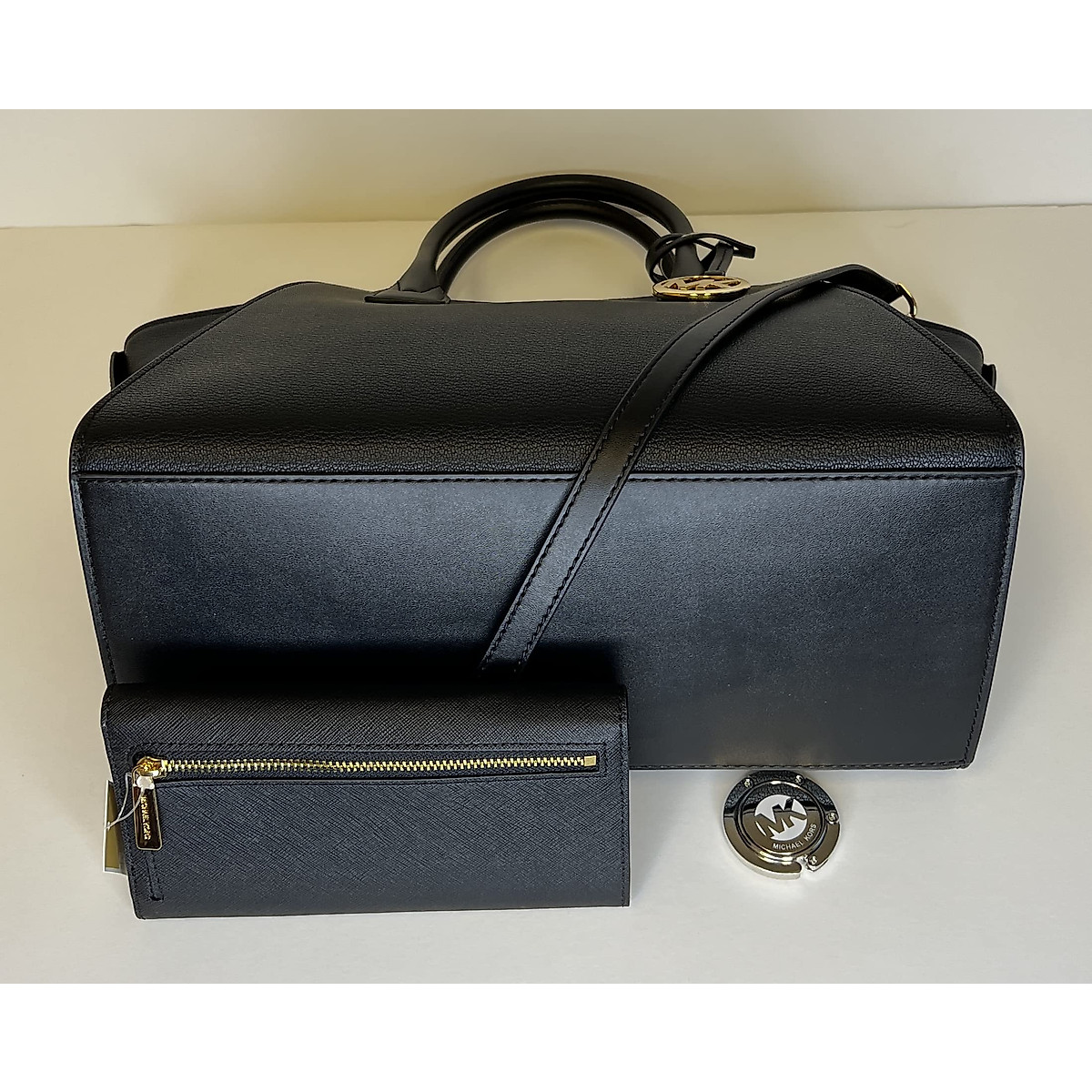 Michael Kors MICHAEL Michael Kors Avril Large Top-Zip Satchel bundled with Trifold Wallet Purse Hook (Black)