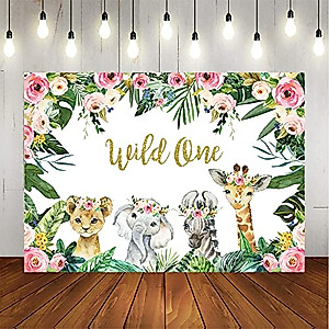 Mocsicka Girl Wild One Backdrop Jungle Safari Animals 1st Birthday Vinyl Photo Background 7x5ft Gold Wild One Birthday Banner Backdrops for Girls Cake Dessert Table Decorations