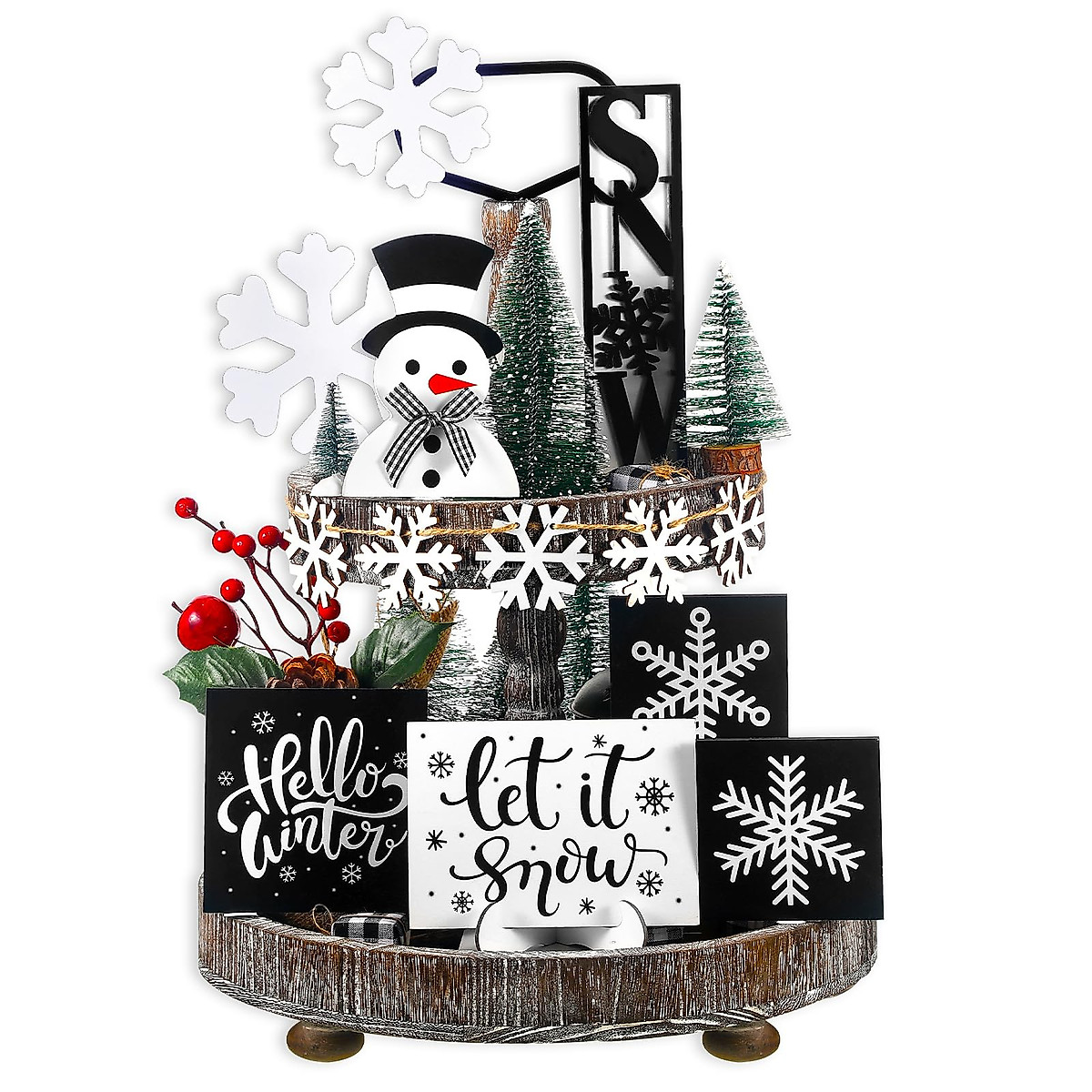 FairySandy 15 Pcs Winter Tiered Tray Decor Set Black and White Snowflake Table Wood Decoration Snowman Wooden Sign Rustic Farmhouse Coffee Bar Signs Winter Tray Decor for Home Xmas Holiday Tabletop