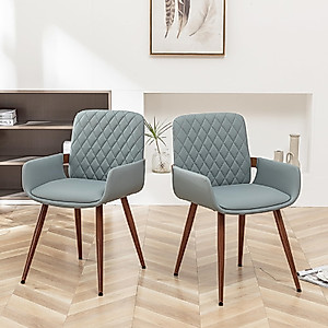 LUNLING Mid Century Modern Dining Room Chairs Set of 2 Accent Faux Leather Chair Bentwood Frame with Armrest,Upholstered Seat,Metal Legs Chairs,Adjustable Foot for Kitchen Room Desk Chairs(Blue)