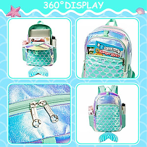 Backpack for Girls Mermaid Magic Sequin School Bag with Lunch Box Girls Backpack Set for Elementary Preschool Bookbag
