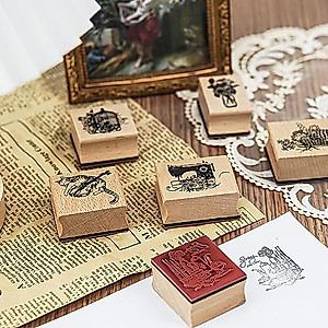Toptime Wooden Rubber Stamps, 6 Pieces Stamps with 4 Ink Pad, Vintage Wood Stamps with Cat and Bird Pattern, Flower Stamps and Animal Stamps Set for Journaling, Scrapbooking, Card Making