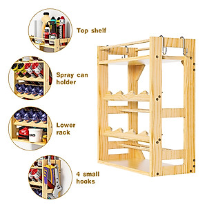 Nisorpa Spray Can Rack Holder Wooden Paint Bottle Organizer Lube Can Wall Mount Storage Rack Tool Storage Rack with 4 Hooks & 2 Selves for Garage & Workshop