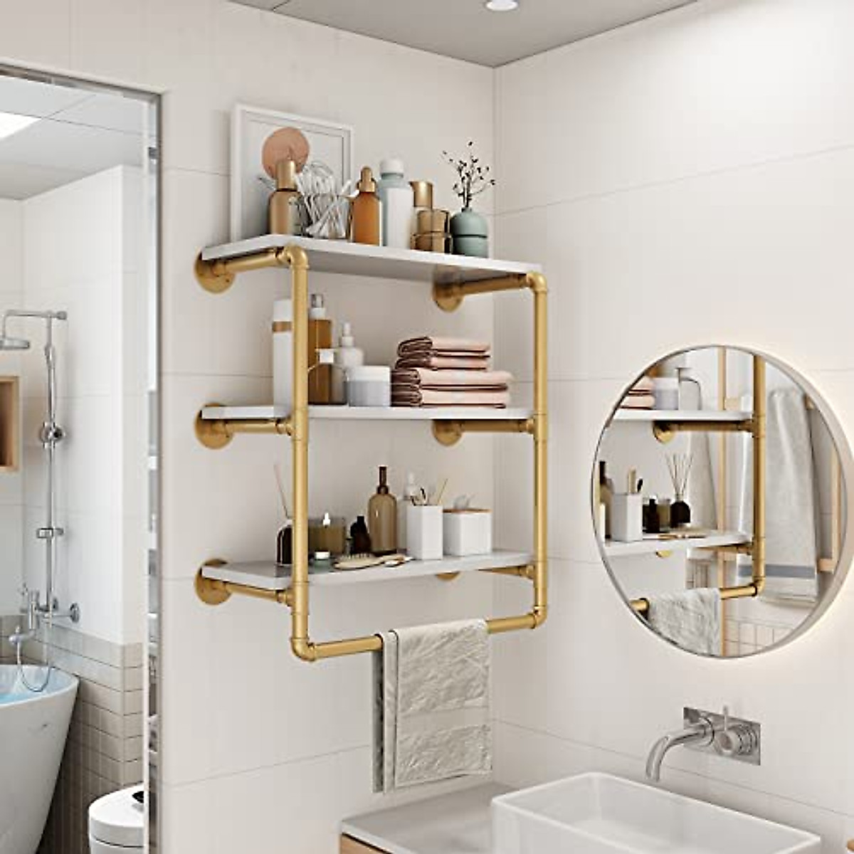 HOMEKAYT Industrial Pipe Shelving Wall Mounted Rustic Wood Shelf Industrial Floating Shelves (Gold 3-Tier, 24'')