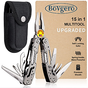 Bovgero Self Locking Multitool Plier, 15 in 1 Handmade Multi Tool Plier with Nylon Sheath, Spring Inside Multi-tool, Birthday Christmas Father's Day Gift for Men Women Him Her Husband Boyfriend