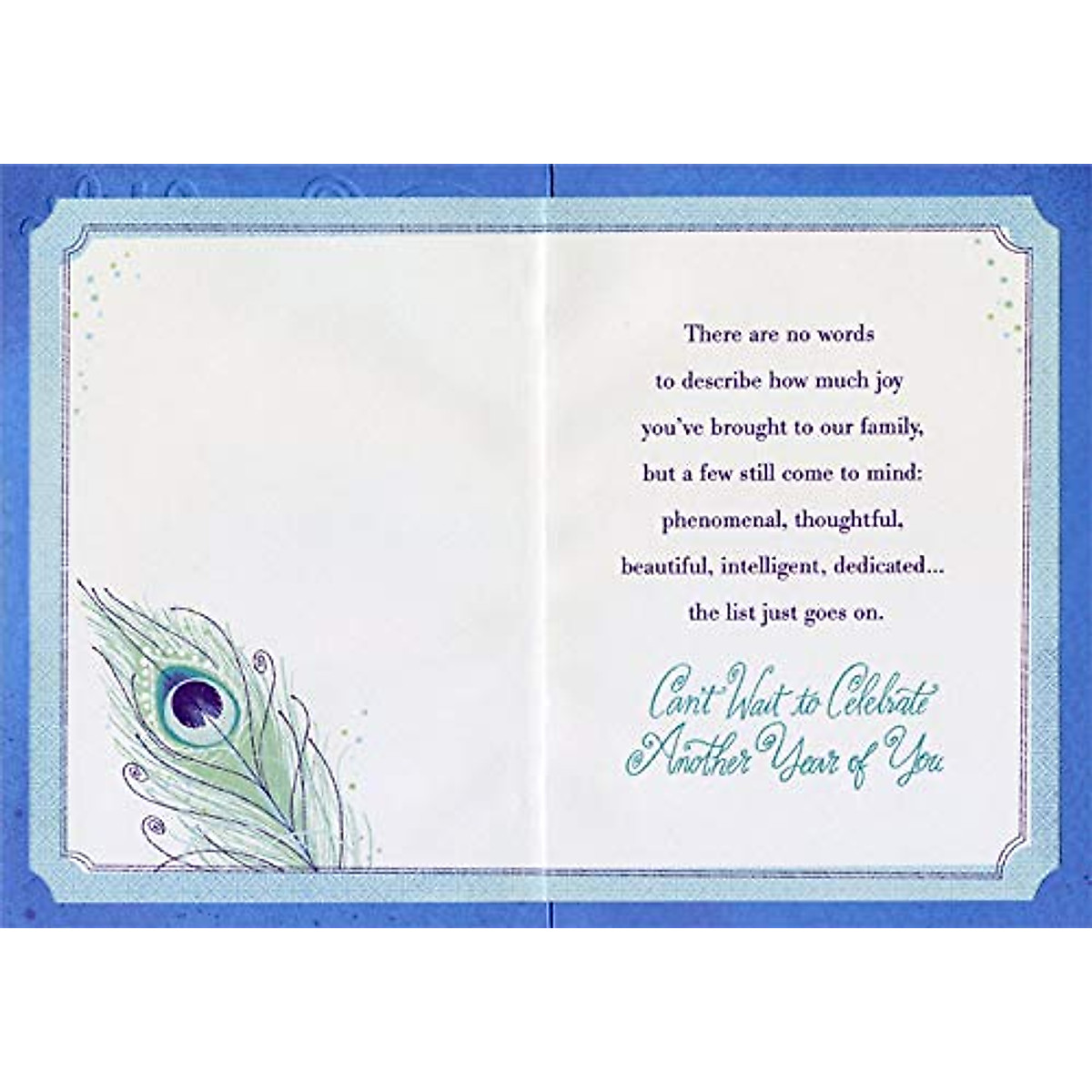 Designer Greetings Blue and Green Feather Quill Pen Birthday Card for Daughter-in-Law