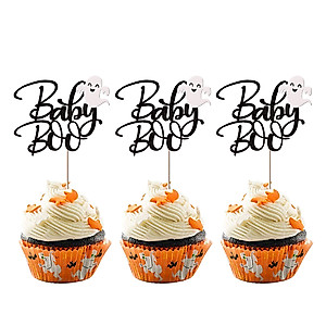 Rsstarxi 24 Pack Ghost Baby Boo Cupcake Toppers Glitter Spooky Little Boo Cupcake Picks for Halloween Theme Baby Shower Kids Boys Girls Birthday Party Cake Decorations Supplies Black