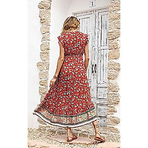 PRETTYGARDEN Long Dress for Women Cap Sleeves V Neck Summer Floral Beach Maxi Dresses Red