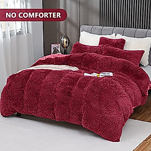BLEUM CADE Fluffy Plush Duvet Cover Set Queen Size, Luxury Ultra Soft Velvet Fuzzy Comforter Cover Bed Sets 4Pcs(1 Faux Fur Duvet Cover + 2 Pillow Cases + 1 Pillow Cover) Zipper Closure (Queen, Red)