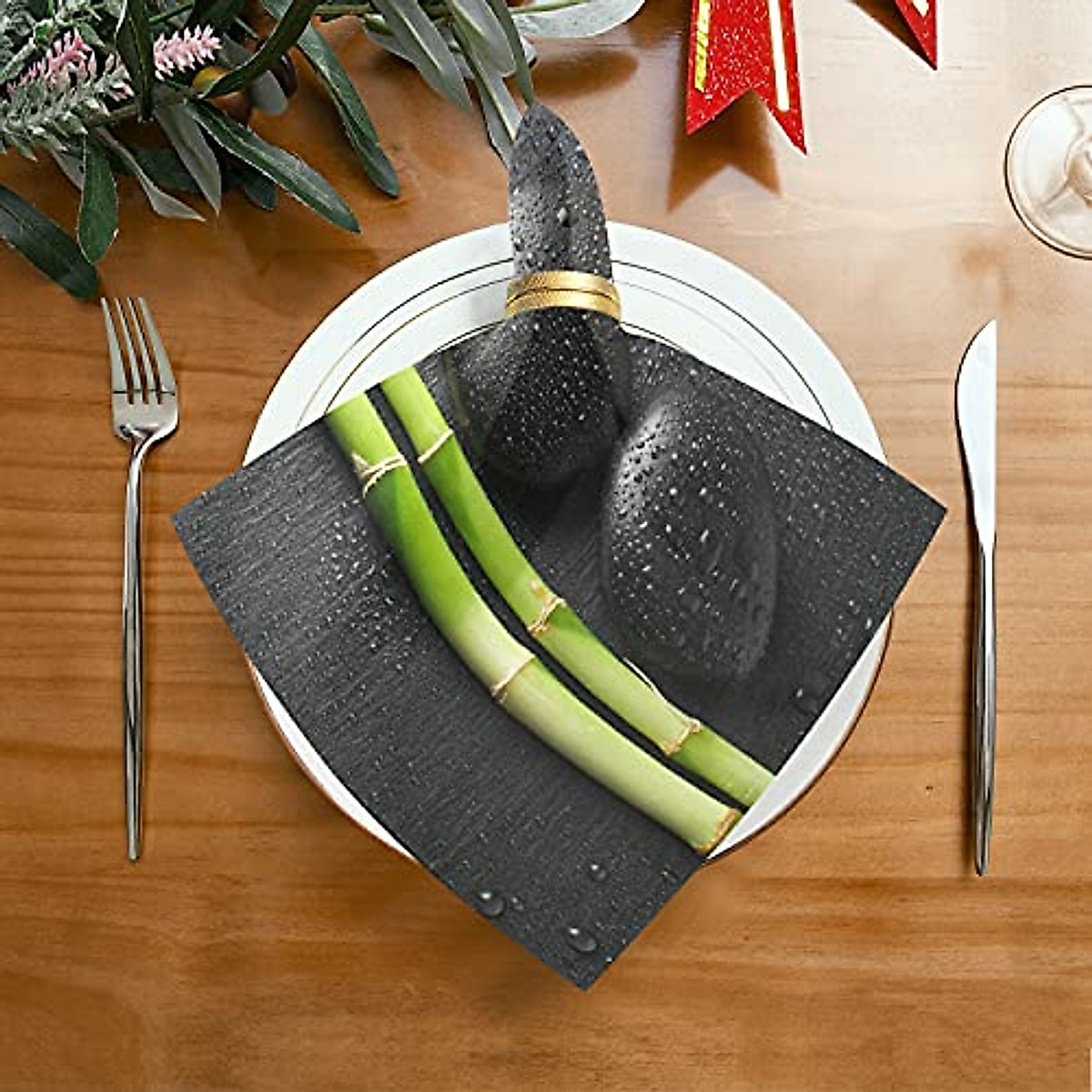 Black Zen Basalt Stones with Dew Green Bamboo on Dark Dinner Cloth Napkin, Set of 1 Oversized Reusable Table Napkins, Washable Premium Fabric with Hemmed Edges for Wedding Parties