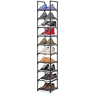 Hossejoy 10 Tiers Tall Shoe Rack, Metal Shoe Rack Organizer, Narrow Shoe Shelf Storage, Space Saving Shoe Stand for Narrow Space, Bedroom, Living Room, Hallway, 28 x 30.5 x 175 cm, Black