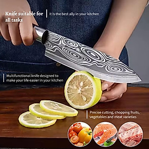HIPERMAX kitchen knife professional multi-purpose 7 inch Damascus model, sharpened stainless steel with black ergonomic plastic handle for cutting food, deluxe gift box