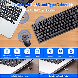 Wireless Keyboard and Mouse Combo-Full Size QWERTY Layout 2.4G Stereo Keycap Ergonomically Designed for Laptop,PC,Notebook,Windows,Computer Wired Numeric keypad,with USB-A&USB-C 2-in-1 Receiver