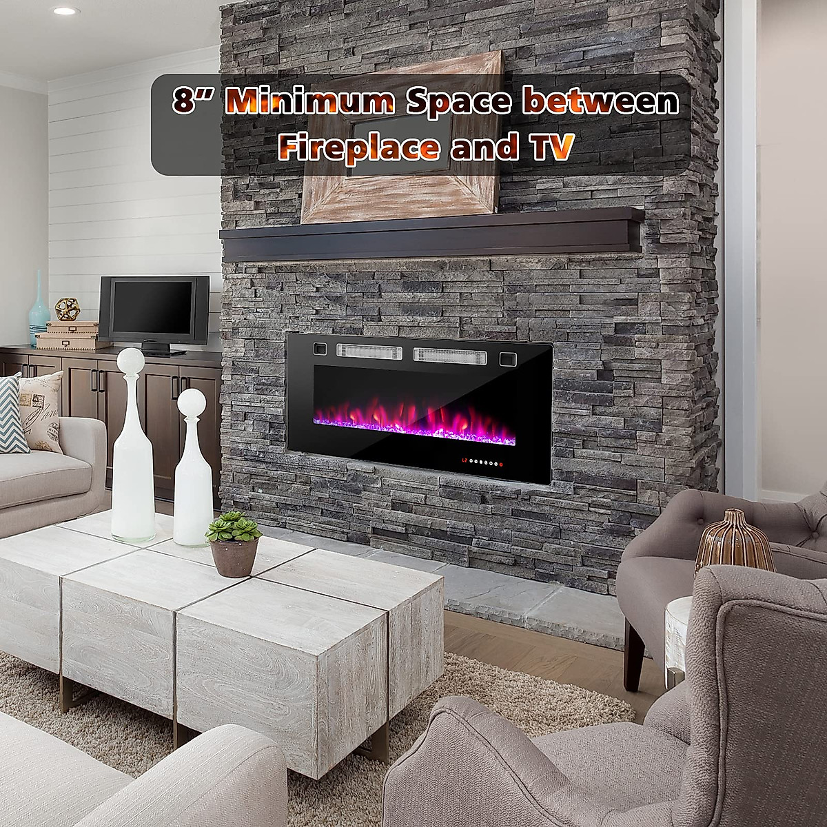 COSTWAY 42-Inch Wide Electric Fireplace, 3.19-Inch Deep Ultra-Thin Wall-Mounted and Recessed Fireplace Heater, Decorative Crystal Included, 12 Flame Color, Remote Control and Smart APP Control, 1500W