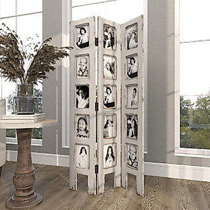 Deco 79 Wooden Partition Room Divider Screen Hinged Foldable Partition 3 Panel Privacy Screen with 15 Photo Slots, Room Partition 27" x 1" x 51", White