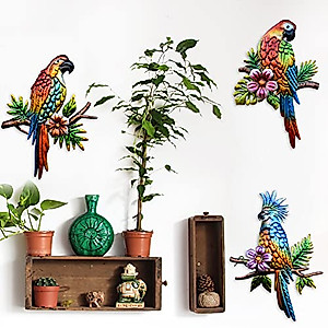J-Fly Parrot Tropical Wall Art Decor Metal Bird Wall Decor Outdoor Decorations for Patio Wall Fence Garden Home Kitchen Balcony Tropical Bird Macaw Wall Sculpture Hanging for Indoor Outdoor