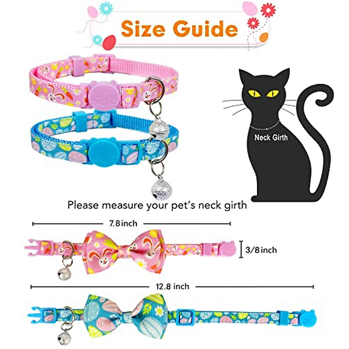 Pohshido Easter Cat Collar with Bow Tie, Holiday 2 Pack Kitty Kitten Cute Bunny Carrot Collar for Girls and Boys (Hoppy Hour/Pink)