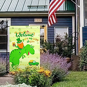 St Patricks Day Garden Flag, 12x18'' Double Sided Welcome Spring Garden Flag with 300D Oxford Cloth Yard Flag,Opawel Green Dinosaur Irish St Patricks Day Flag, Shamrocks St Patricks Decor Accessories