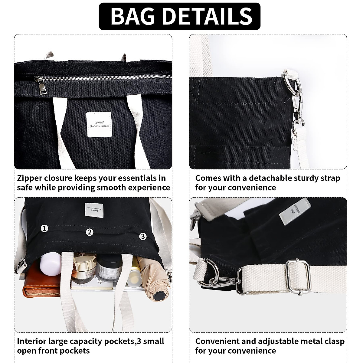 Iswee Canvas Tote Bag with Zipper Multi Pockets Tote Purse for Women Fashion Crossbody Tote Shoulder Bag Handbag Everyday Bag(IUU009-Black)