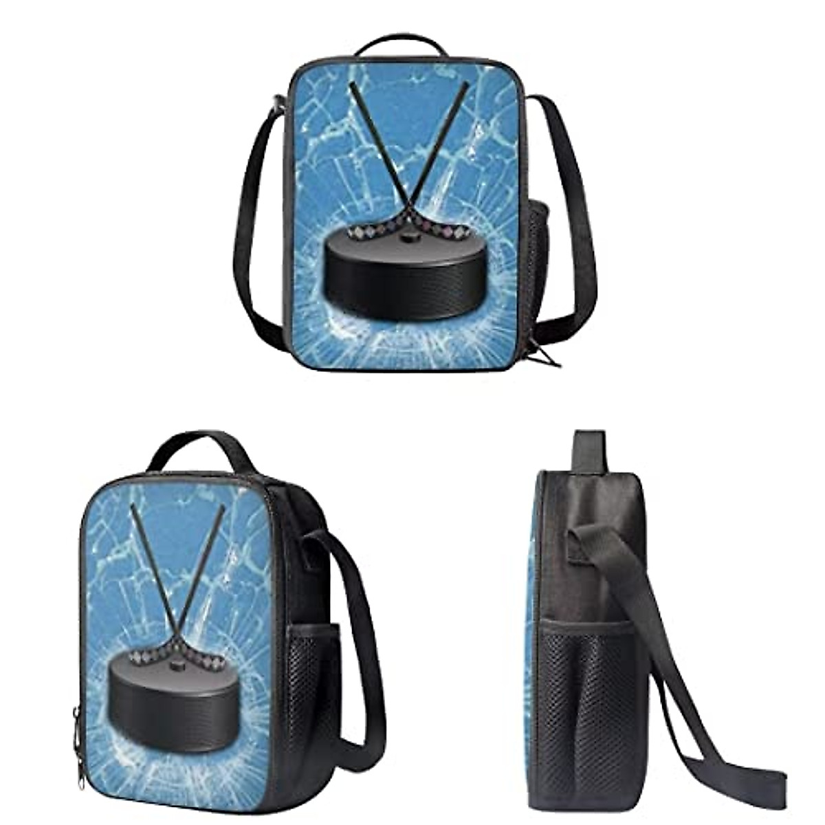 AmzPrint Ice Hockey 3 In 1 School Backpack Set 17 Inch Black Shoulder Student Backpack Insulated Lunch Box Pencil Bag Set