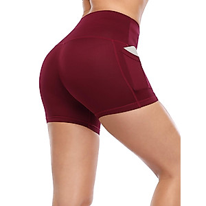 CADMUS High Waist Athletic Shorts for Womens Yoga Fitness Workout Running Shorts with Deep Pockets,3 Pack,1016,Black & Grey & Wine Red,Large