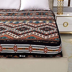 NATURETY Bedding Fitted Sheet with Deep Pocket,Thicken Printed Fabric Bed Sheets (Brown(Boho), Twin)