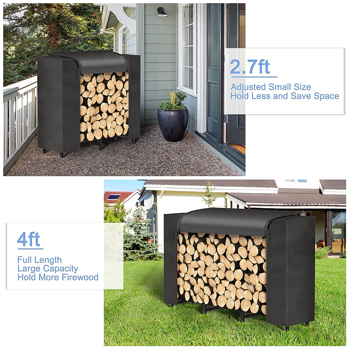 smusei Outdoor Firewood Rack with Cover 5.3Ft Wood Racks Holders for Fireplace Adjustable Metal Wood Log Storage Rack Stand Stackers for Fire Wood with Waterproof Oxford Fabric Cover, Black