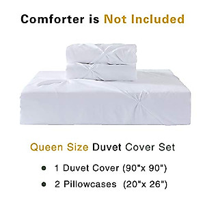 Litanika White Queen Pinch Pleat Duvet Cover, 3 Pieces Pintuck Cover Soft Microfiber Bedding Set with Zipper Closure & Corner Ties(90x90Inch-1 Duvet Cover, 2 Pillowcases)