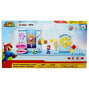 Nintendo Super Mario Deluxe Underwater Playset with 5 Interactive Environmentpiece – Includes 2.5” Mario Figure, 1-Up Mushroom Accessory & Warp Pipe Coin Launcher