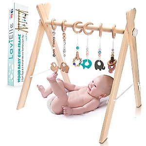 LAVIELLE Wooden Baby Gym Set with 6 Hanging Teethers, Montessori Foldable Play Gym for Newborns, Ideal Nursery Activity Center, Perfect Giftable Toy Set