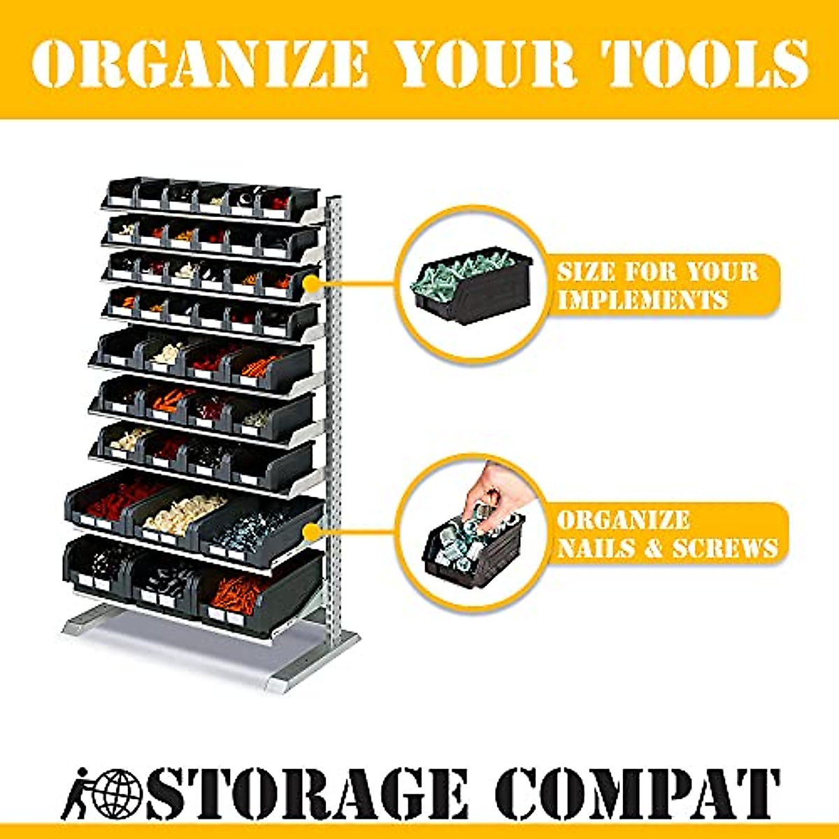 12 Pack Small Storage Bin, Wall Mount Storage, Hanging and Stacking Bin, Freestanding | 7” x 4” x 3” Plastic Container | Black | Zeus 1PLZ06 | StorageCompat