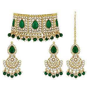 Aheli Bridal Kundan Faux Pearl Choker Necklace with Earrings Maang Tikka for Women Girls Indian Traditional Bollywood Fashion Jewelry Set Green