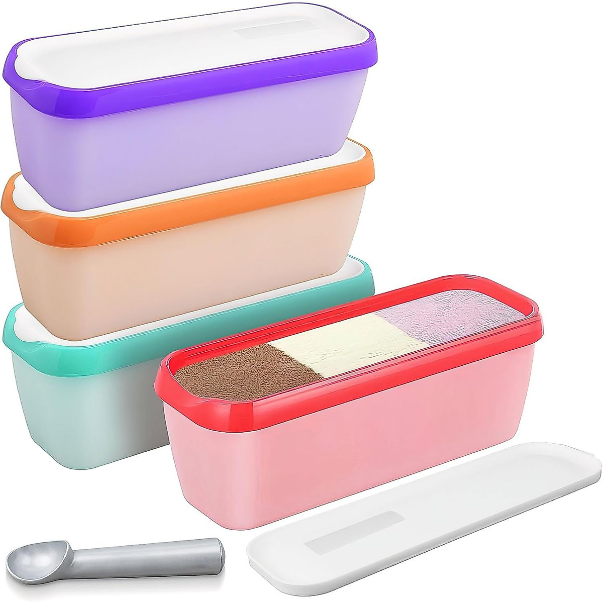 KisSealed 4 Pack Ice Cream Containers,Reusable Homemade Ice Cream Tubs,1.5 Qt Storage Freezer Ice Cream Container with Lids and Spoon for Yogurt, Sorbet, ect.