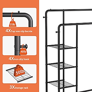 JOISCOPE 47'' * 67'' Heavy Duty Clothes Rack, Double Rods Clothing Racks for Hanging Clothes, Garment Rack with 5 Tier Closet Shelves & 4 Hooks for Clothing Storage, Metal Black Clothing Rack